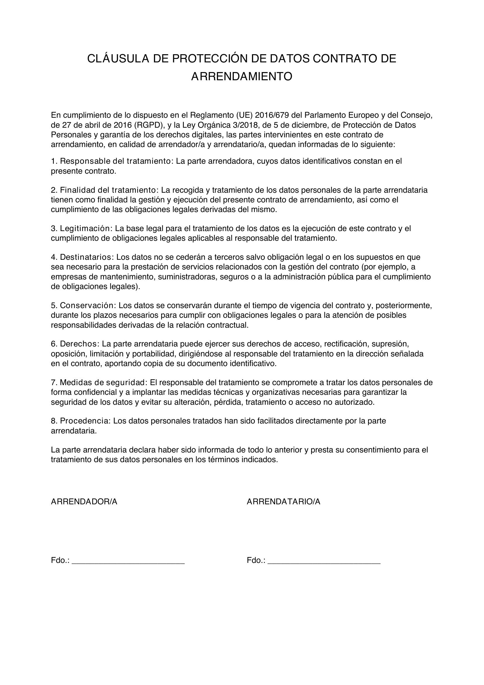 Modelo Cláusula Protección De Datos Contrato Arrendamiento