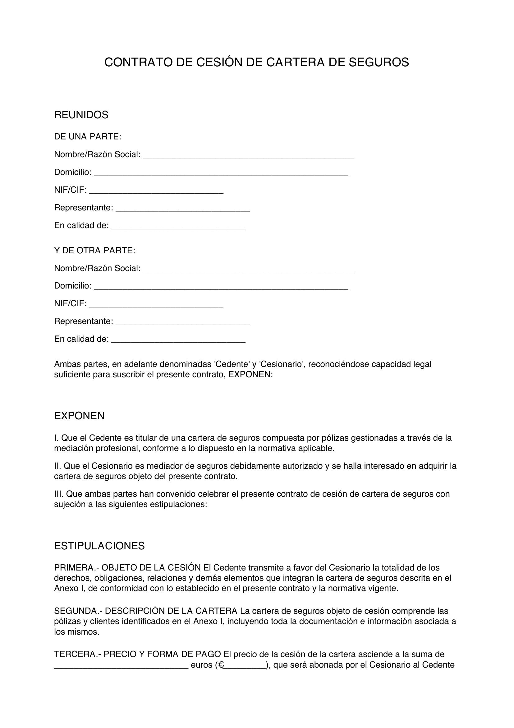 Modelo De Contrato De Cesión De Cartera De Seguros