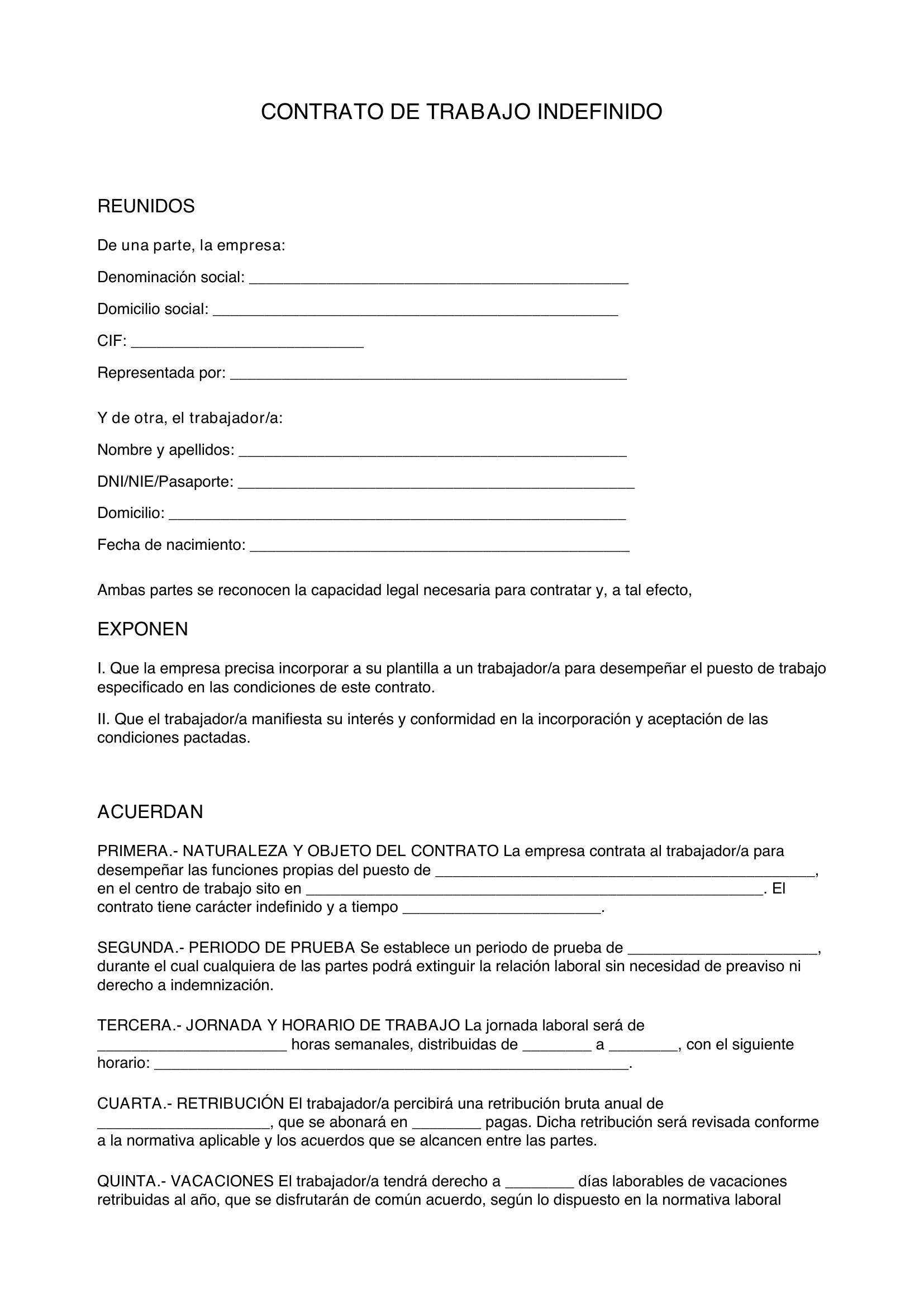 Modelo De Contrato De Trabajo Indefinido
