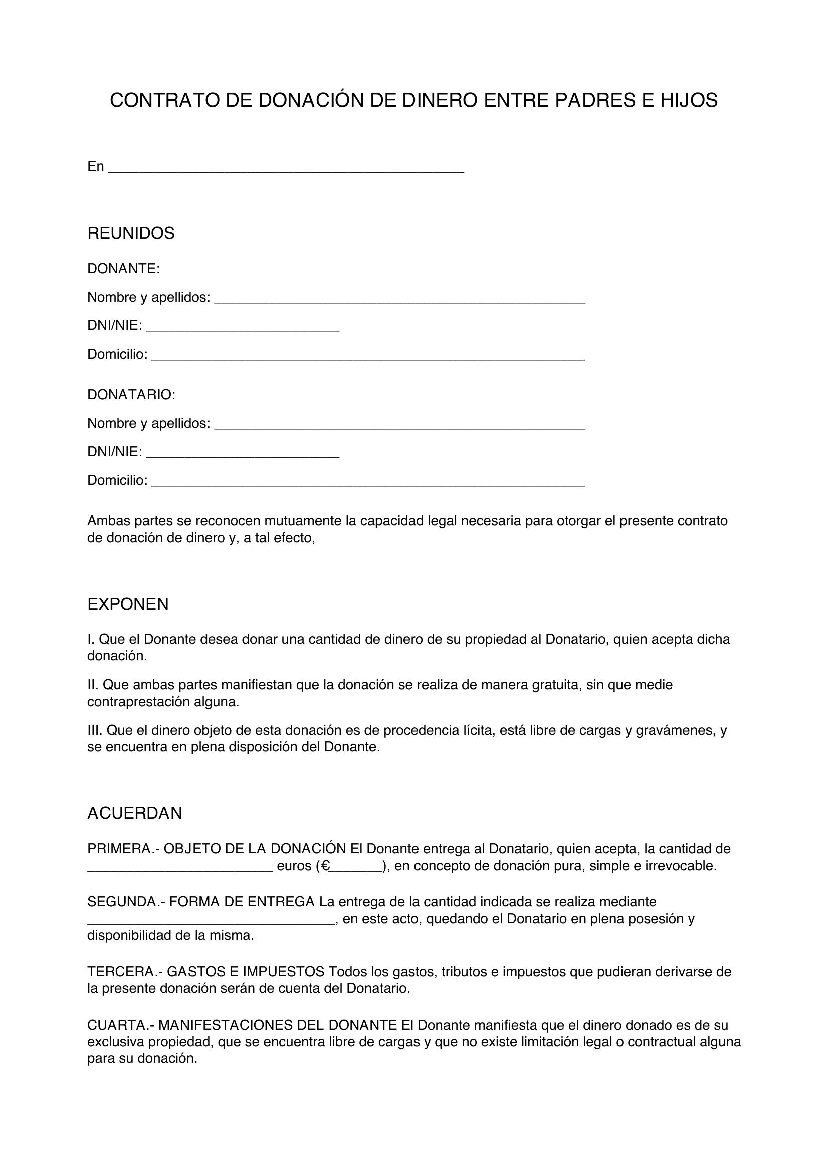 Modelo Contrato Donación Dinero Padres A Hijos